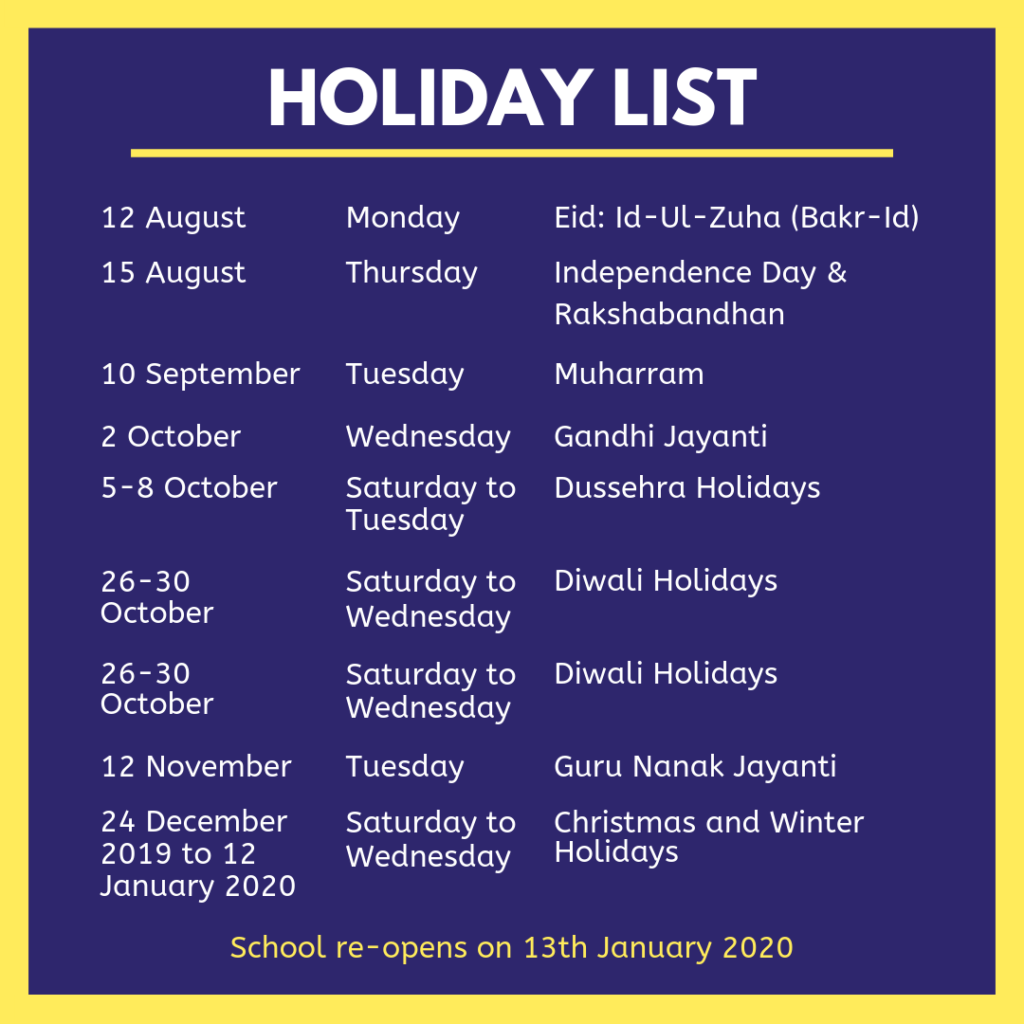 Holiday List (August to December 2019) – The Study School